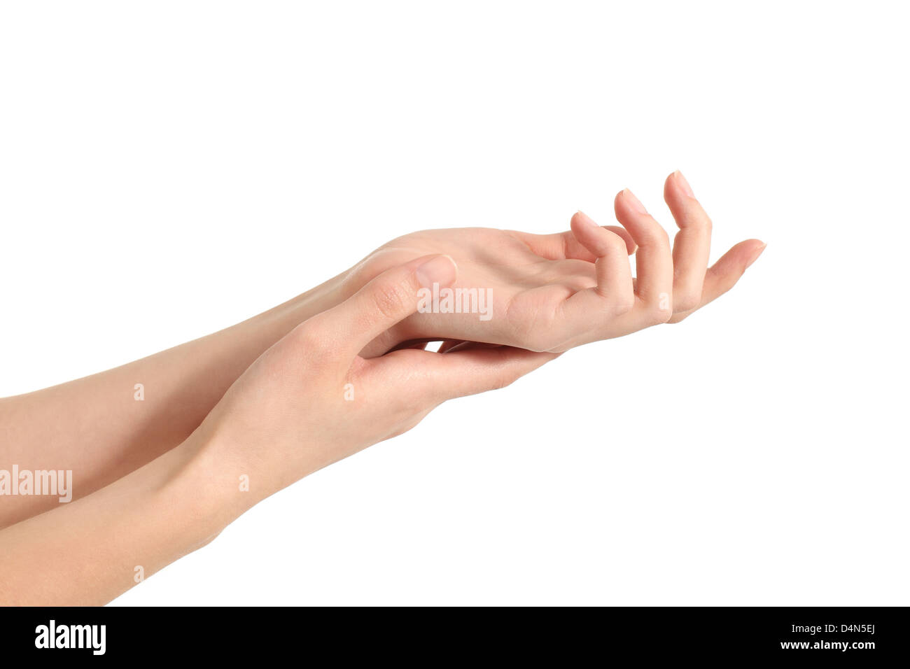 Beautiful woman hands rubbing on a white isolated background Stock ...