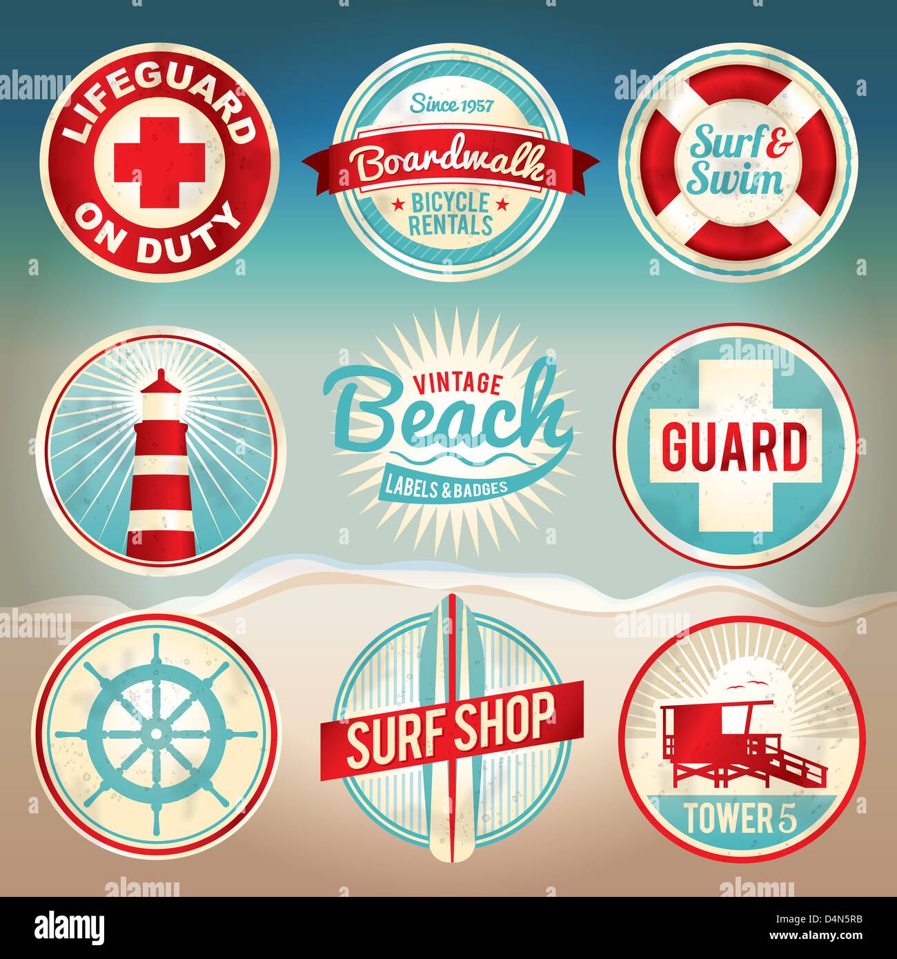 Set of retro beach labels and badges Stock Photo - Alamy