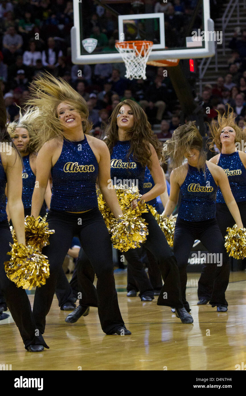 March 16, 2013: Akron cheerleaders in action during the MAC Tournament ...