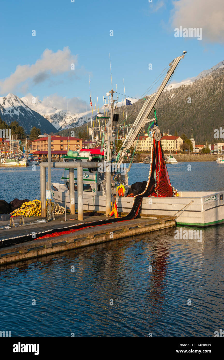 Sitka, Alaska 16 March 2013 Fishermen preparing purse seine for ...