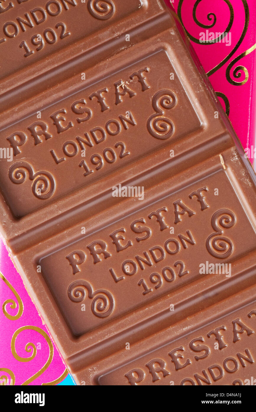 close up of Prestat velvety smooth milk chocolate, London 1902 removed ...