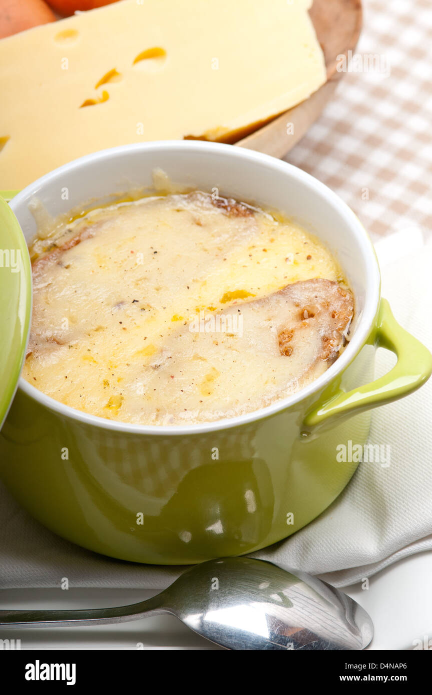 onion soup on clay pot with melted cheese and bread on top Stock Photo ...