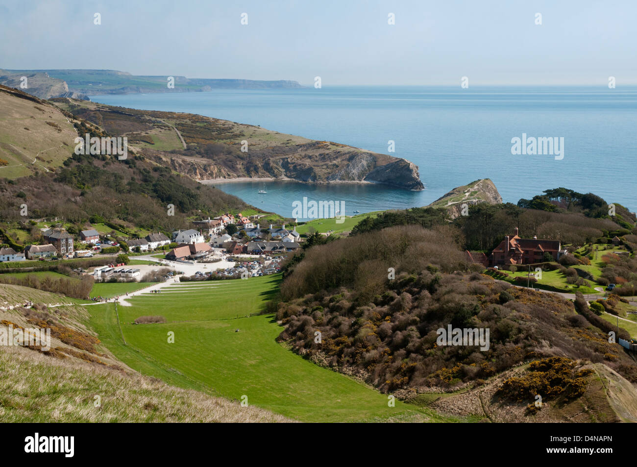 Elevated view of Lulworth Cove from Hambury Tout, Dorset Stock Photo ...