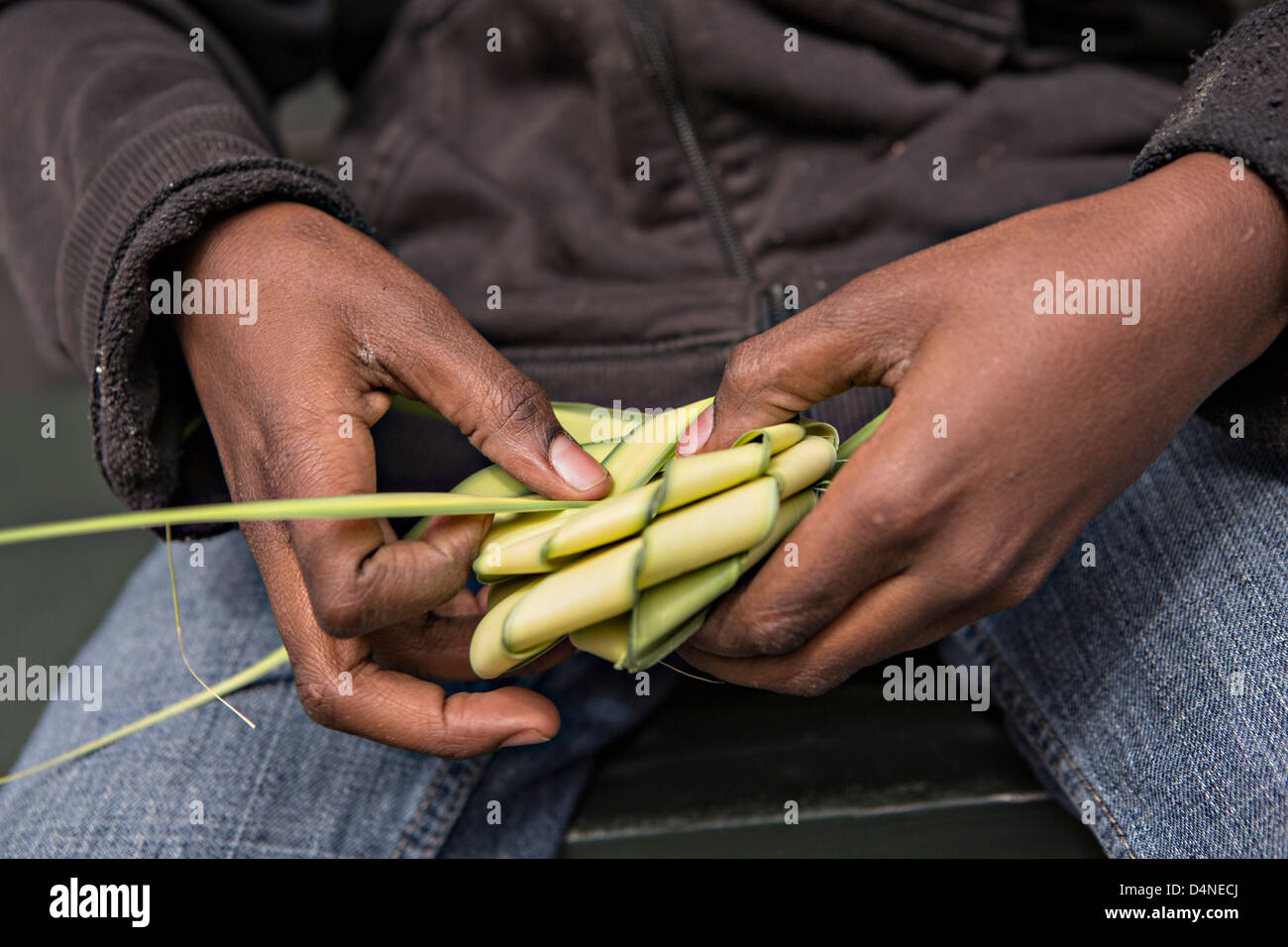 Young Gullah boy making palmetto roses at the Historic Charleston City ...