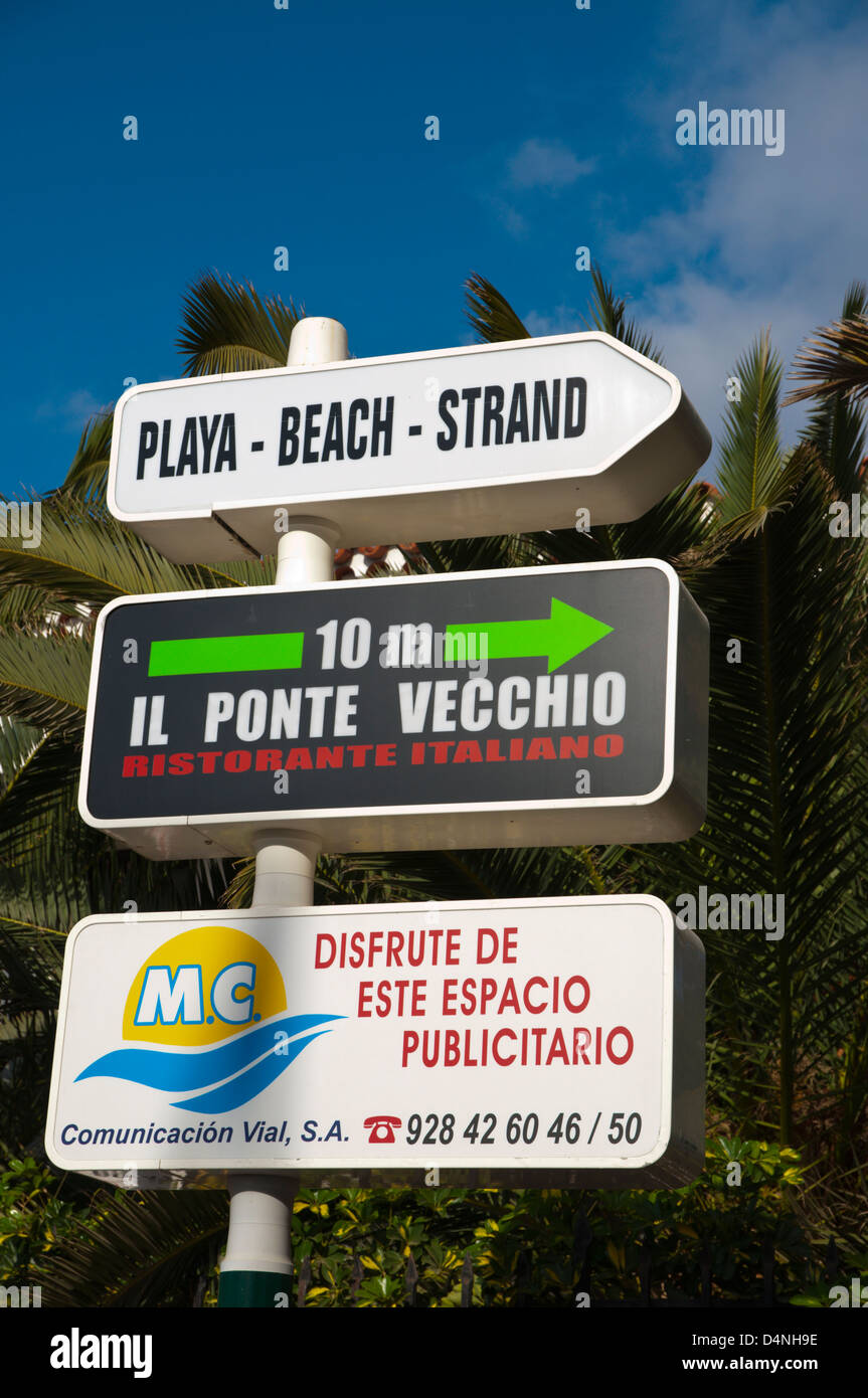 Signs at Playa del Ingles resort Gran Canaria island the Canary Islands ...