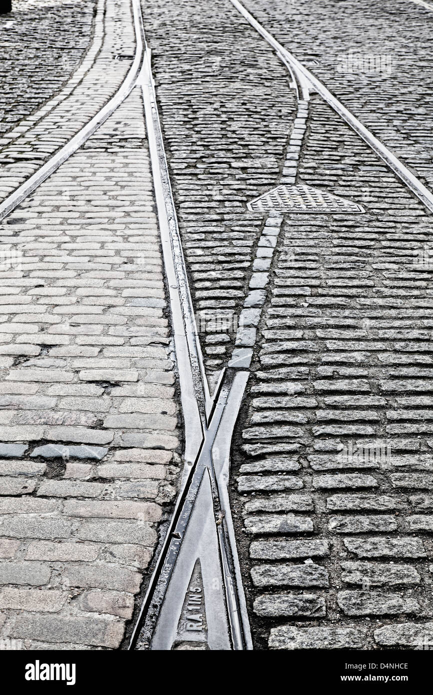 Old railway lines embedded in a cobbled stone street Stock Photo - Alamy