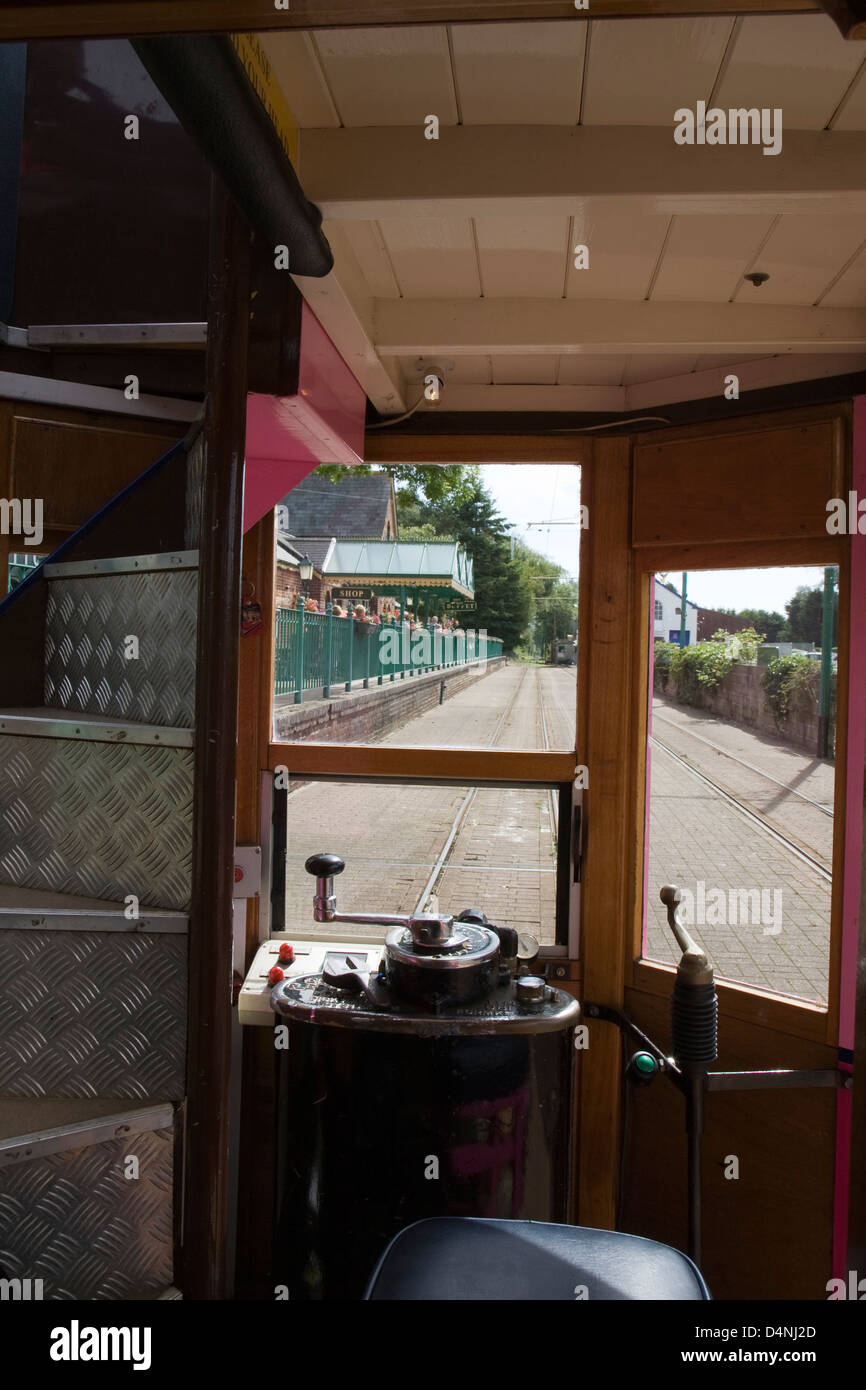 A view from inside a tram showing controls. Seaton to Colyton tramway ...