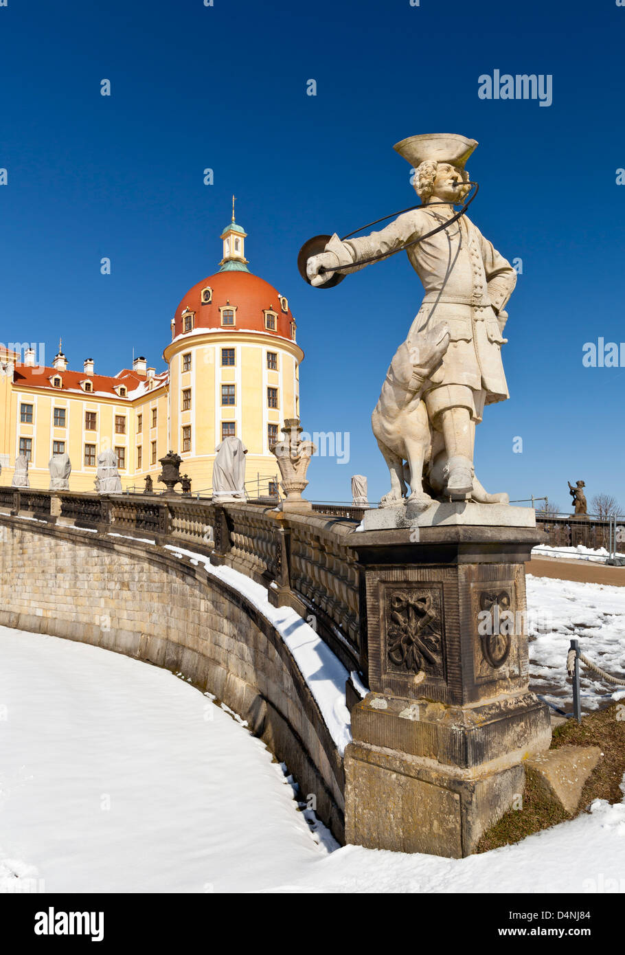 Statue at the Moritzburg castle south side in winter - Saxonia, Germany ...