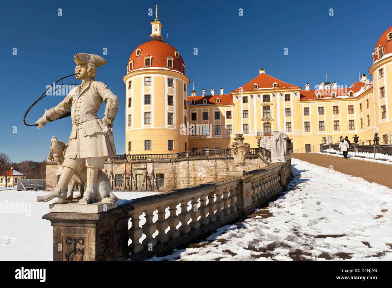 Statue at the Moritzburg castle south side in winter - Saxonia, Germany ...