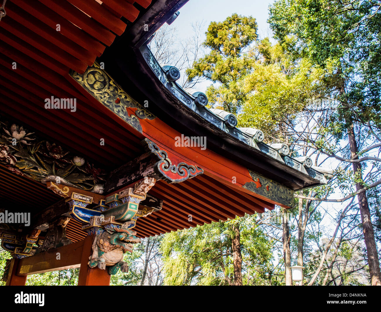 Roof eaves of the entry porch of the haiden at Senba Toshogu Shrine ...