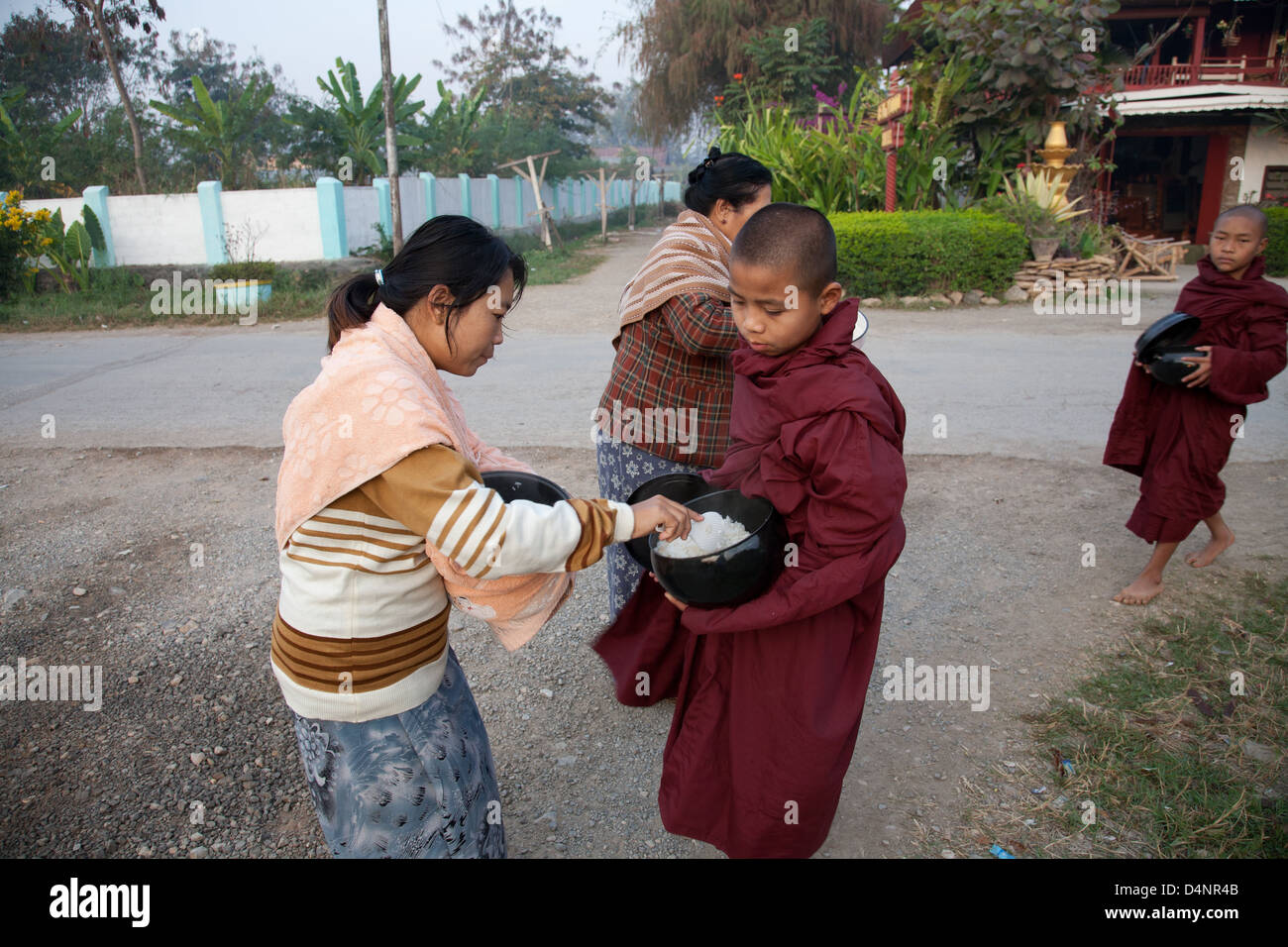 Buddhist monks receiving rice from a village woman in rural Burma Stock ...