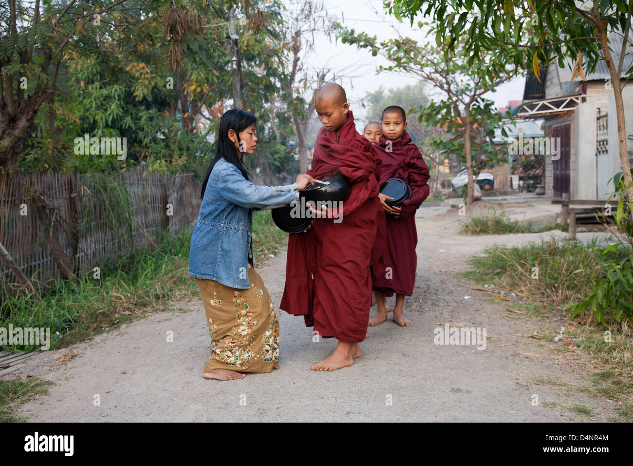 Buddhist monks receiving rice from a village woman in rural Burma Stock ...