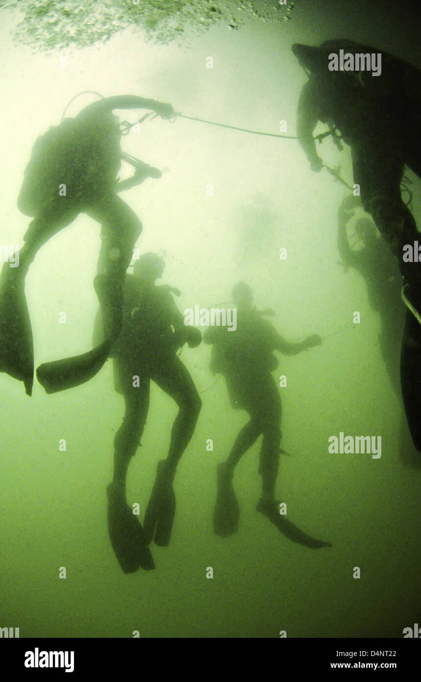 Royal Australian Navy divers swim under the battleship USS Missouri as ...