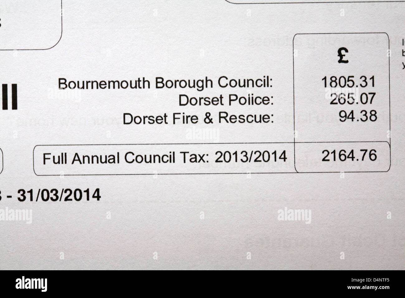 Break down of Council Tax Bill costs for 21013/2014 Stock Photo - Alamy