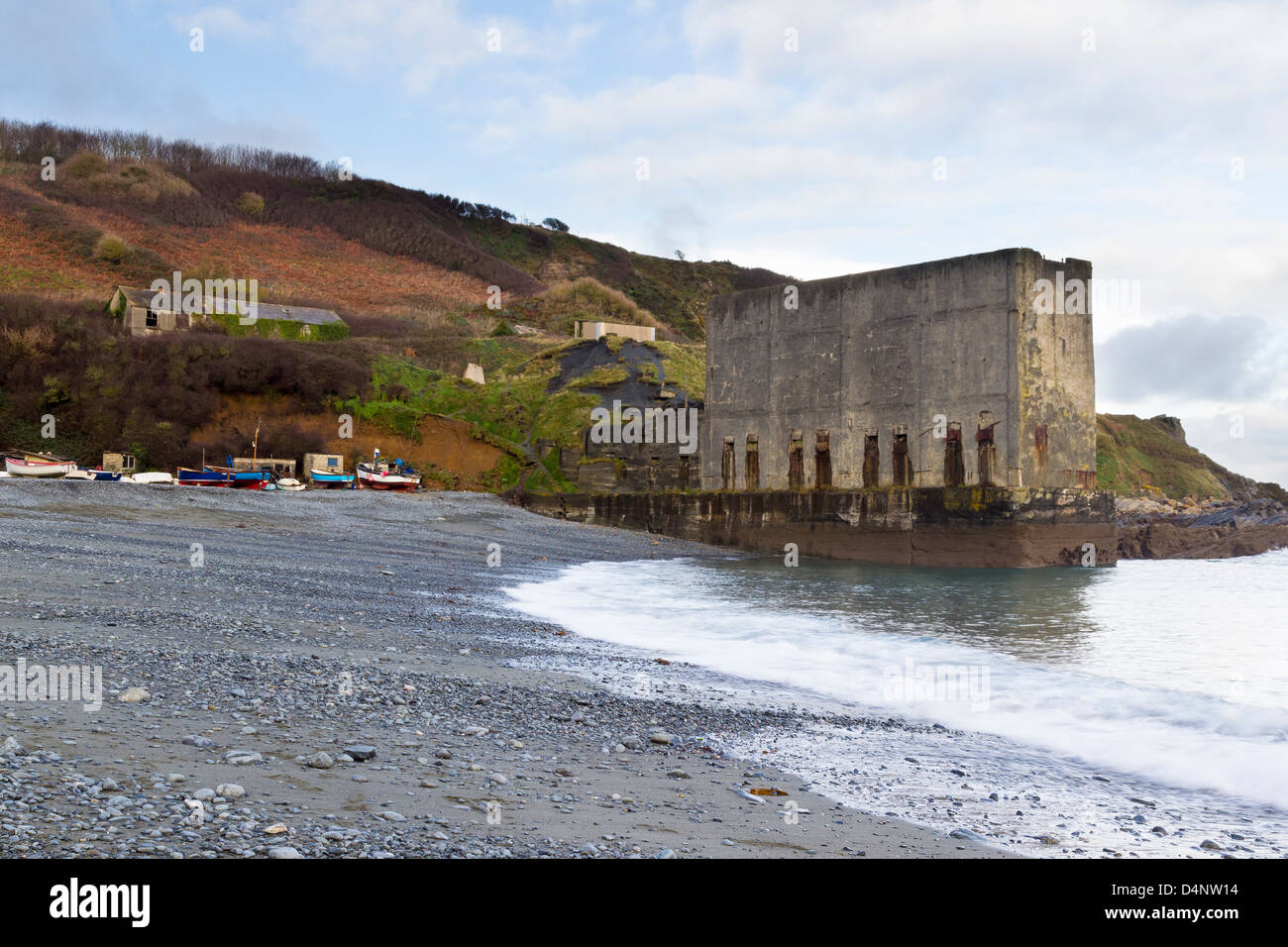 Former quarry ore bin on the beach at Porthoustock Cornwall England UK ...