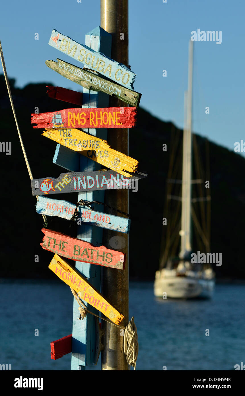 Signs on a pole in Marina Cay, British Virgin Islands Stock Photo - Alamy