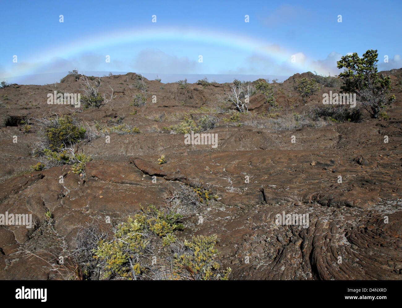 Rainbow over Old lava flow Kilauea Volcanoes National Park Hawaii the ...