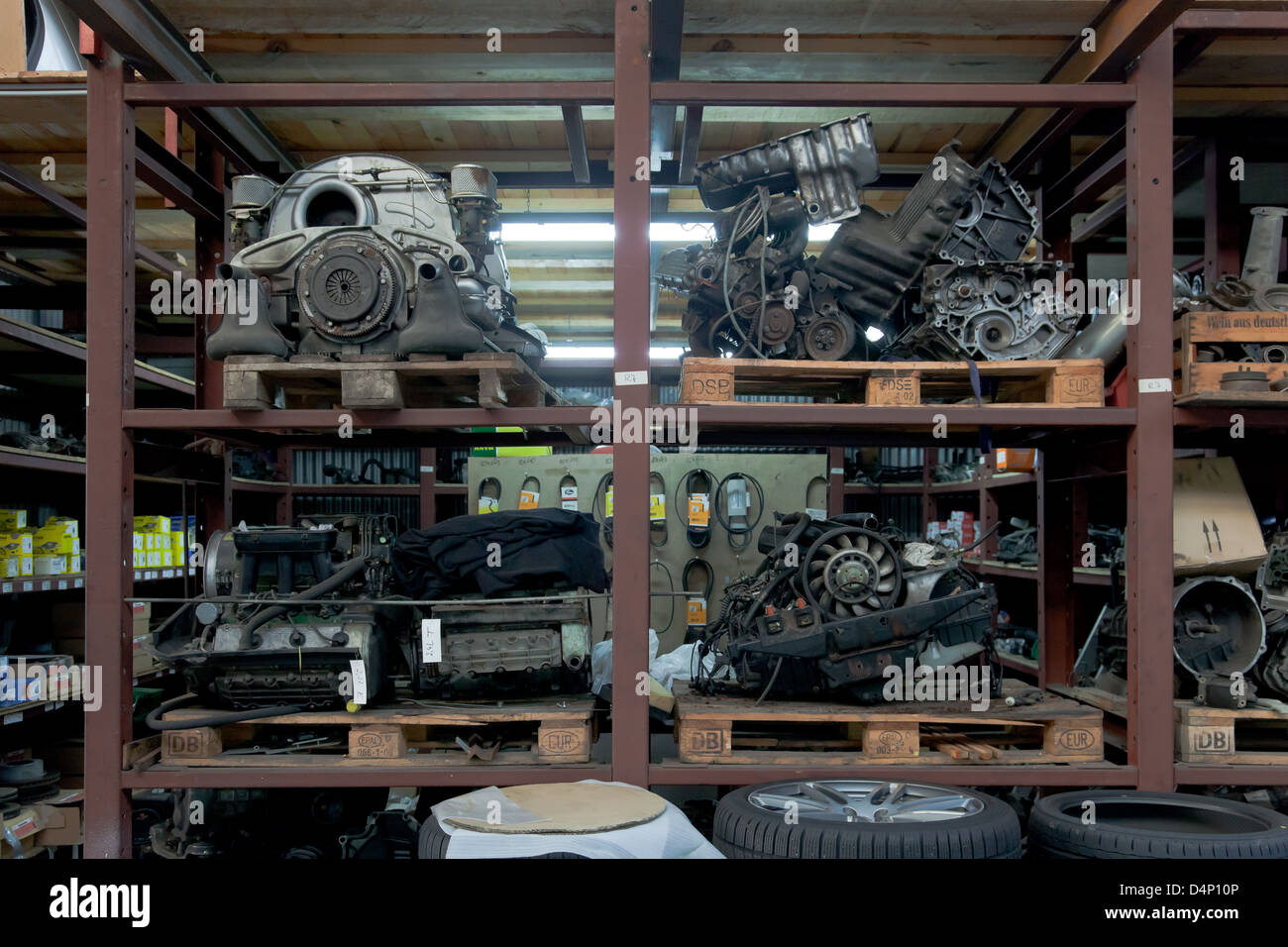 Berlin, Germany, spare engines on the shelf of a car repair shop Stock ...