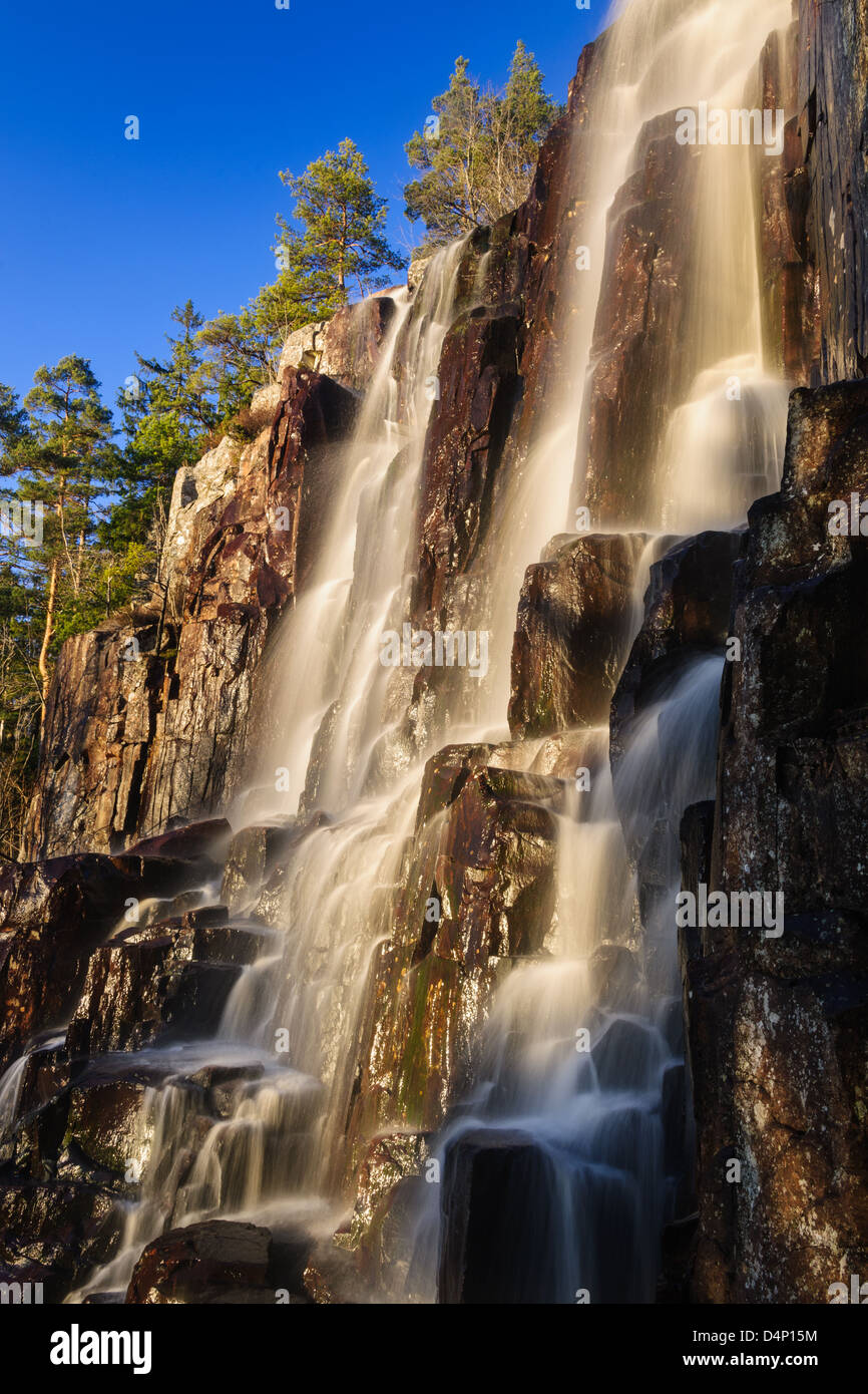 Waterfall over rocks, Skäktefallet, Halleberg, Sweden, Europe Stock ...