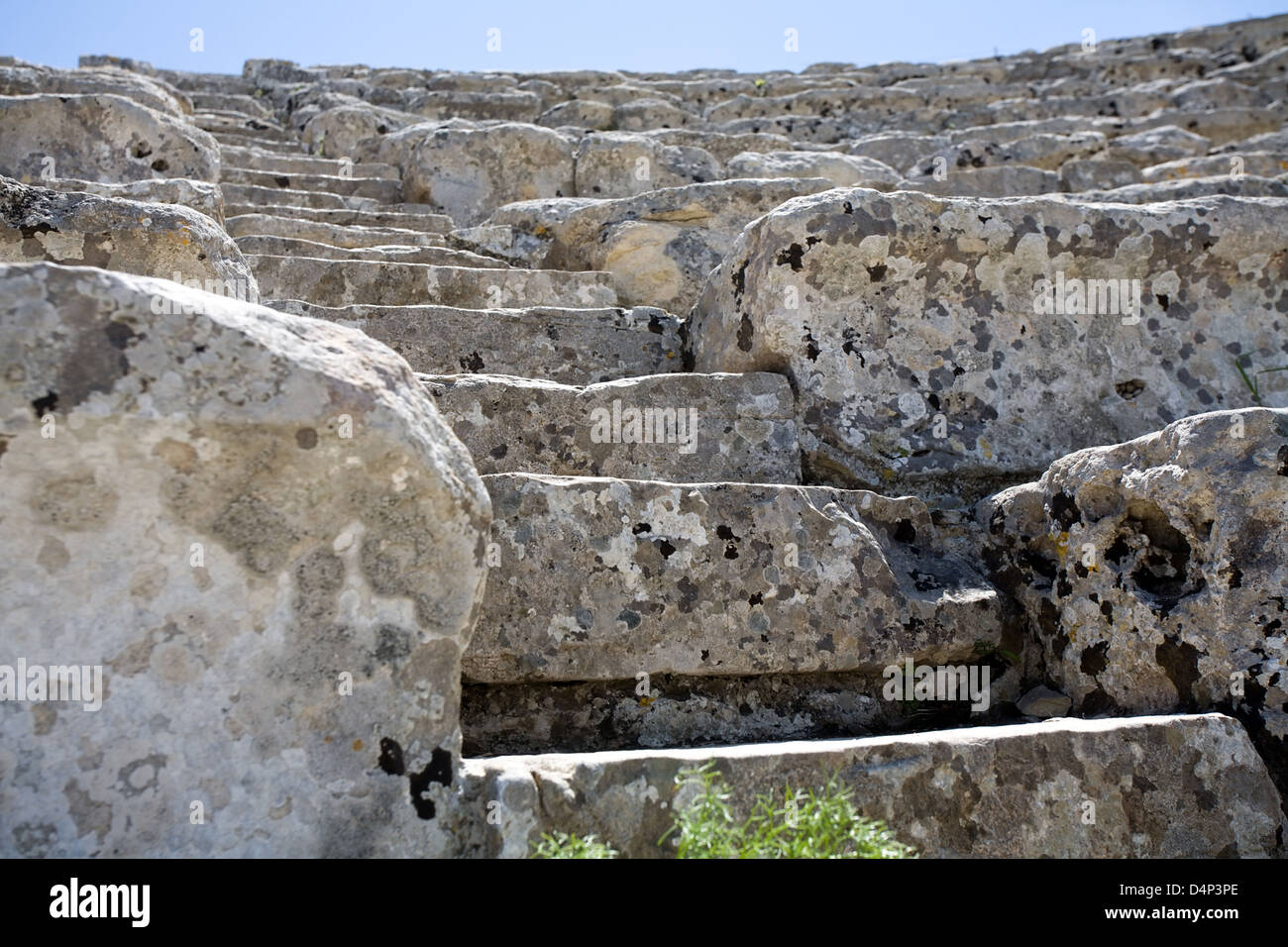 closeup of white steps of ancient Greek amphitheatre, Segesta village ...