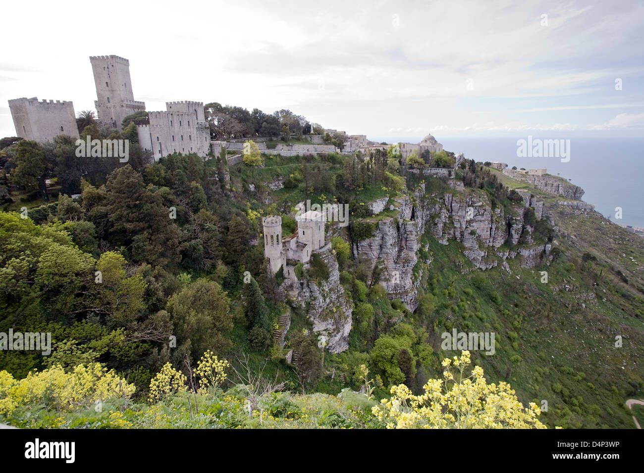 panoramic view with ancient fortresses of Erice town on the rock ...