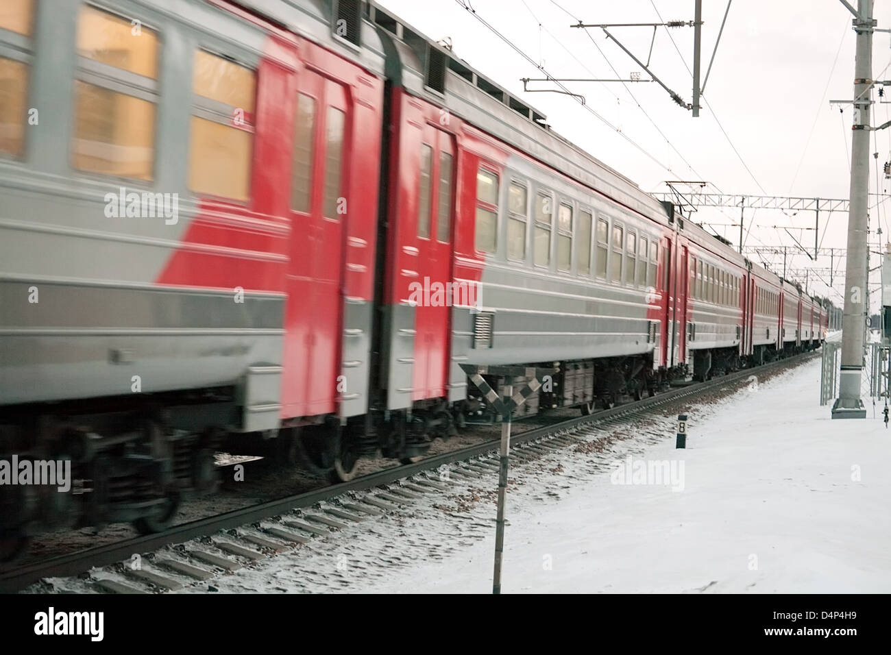 suburban electric train in speed movement, diagonal perspective view ...