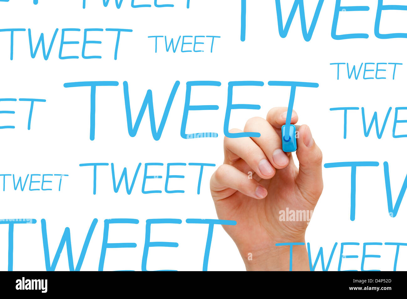 Hand writing Tweet with blue marker on transparent wipe board Stock ...