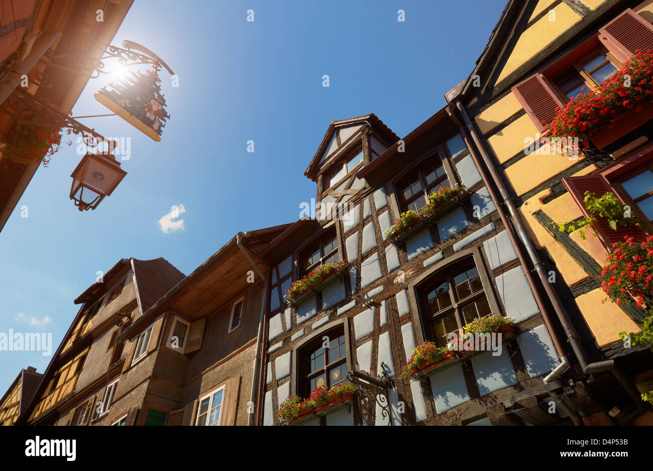 Typical timber framing houses. Riquewihr. Alsace wine route. Haut-Rhin ...