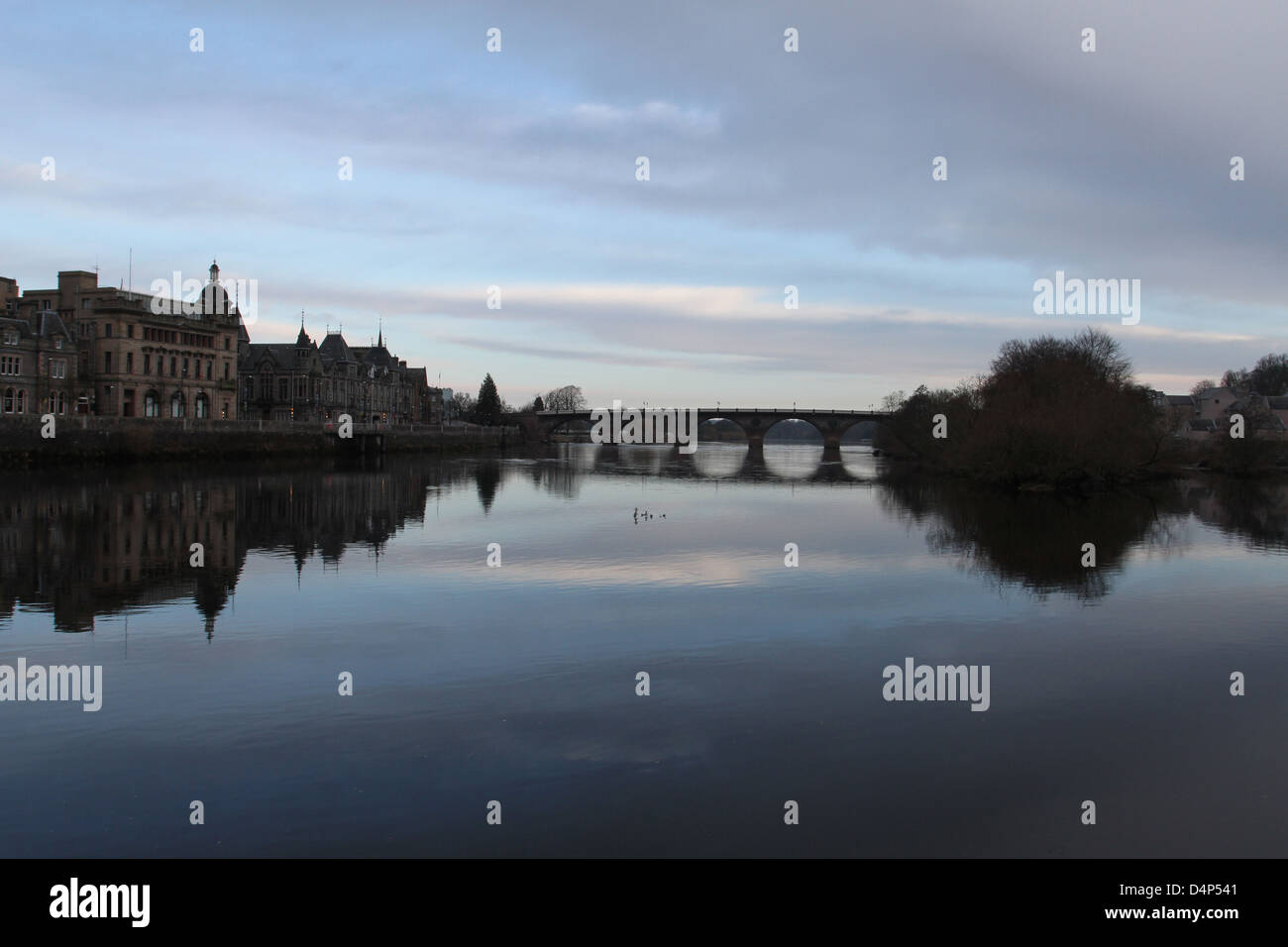 Perth waterfront reflected in River Tay Scotland March 2013 Stock Photo ...