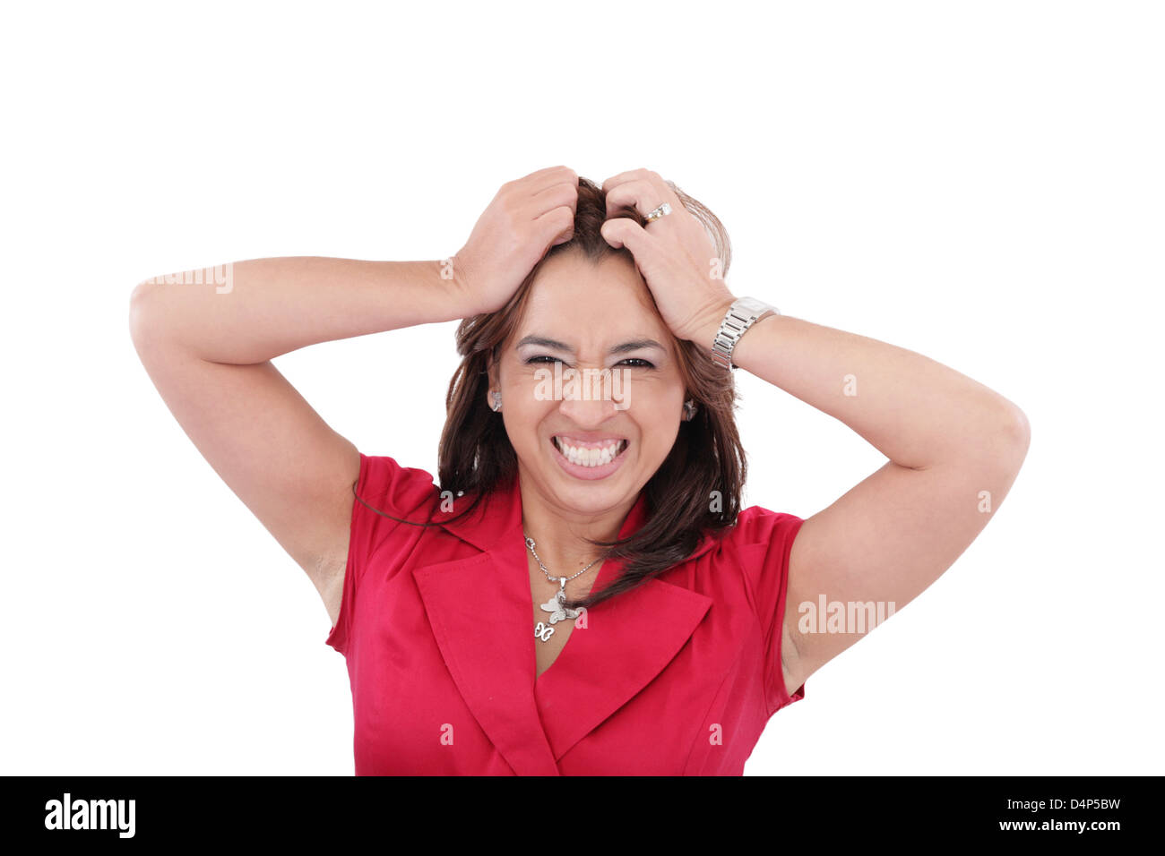 Woman looking shocked and angry against white background Stock Photo ...