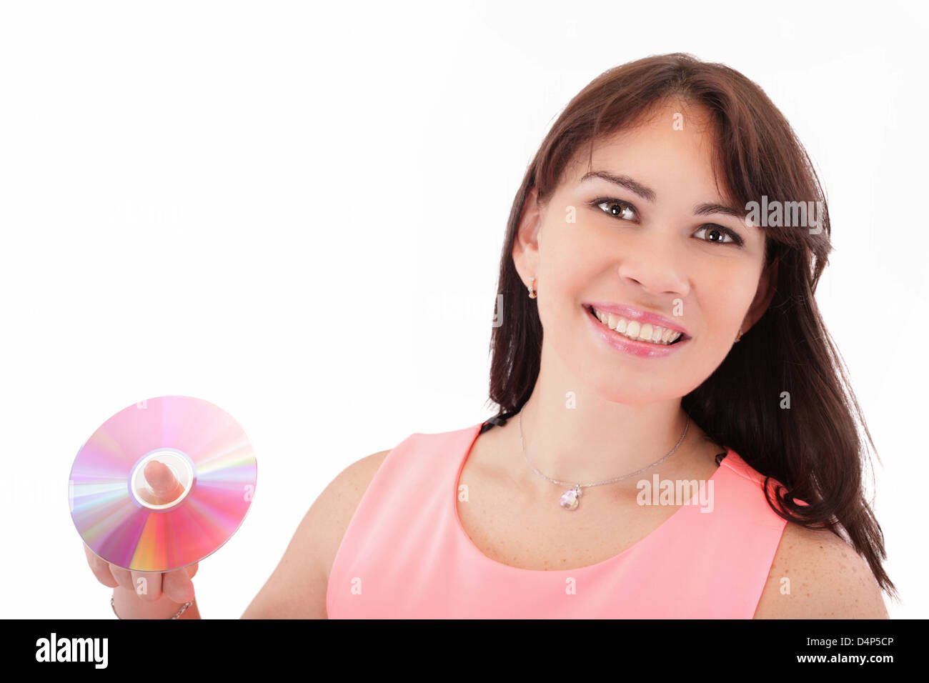 Woman with cd. Over white background Stock Photo - Alamy