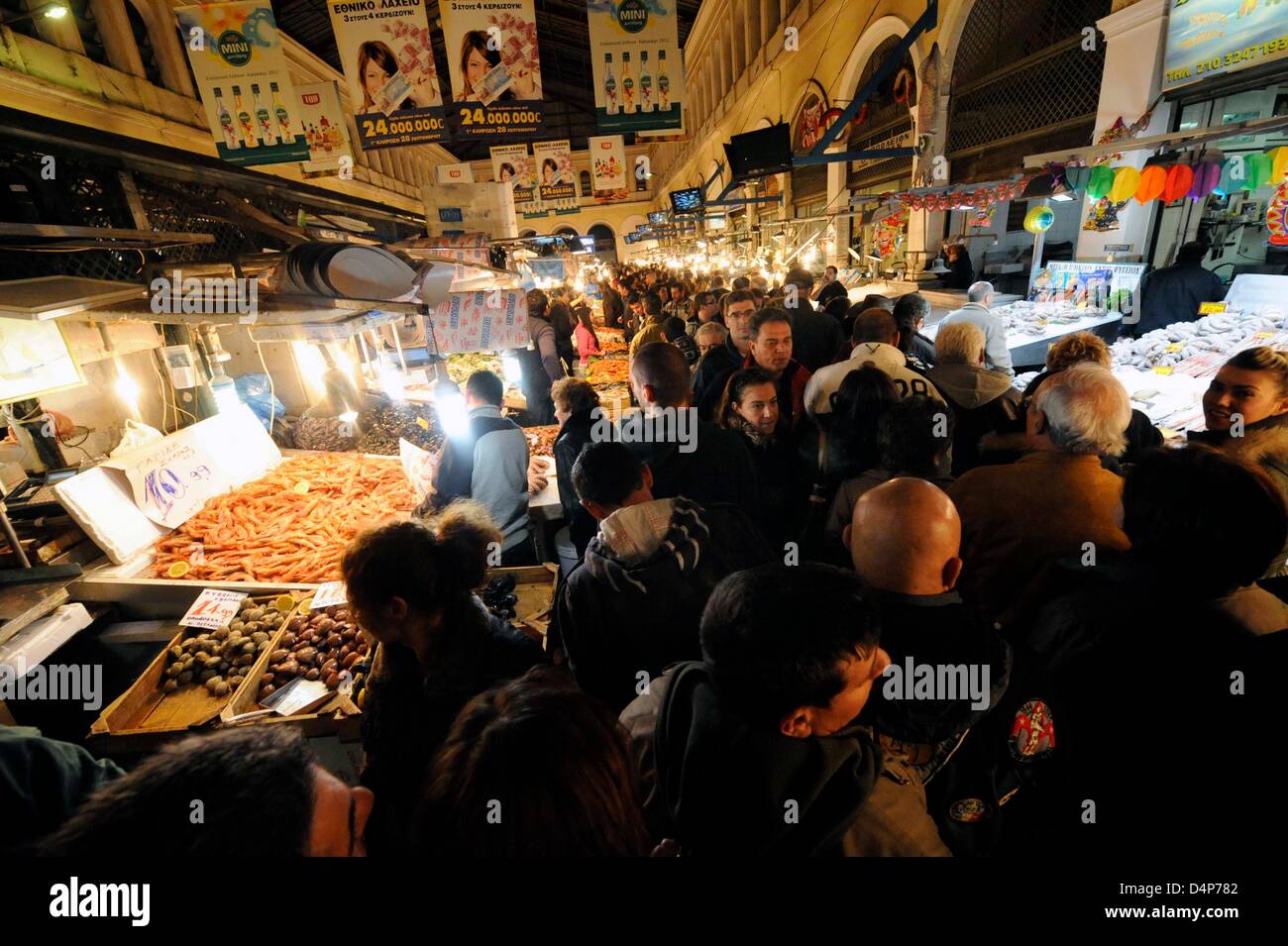 Vendors sell fish and seafood on the Varvakios Agora in Athens, Greece ...
