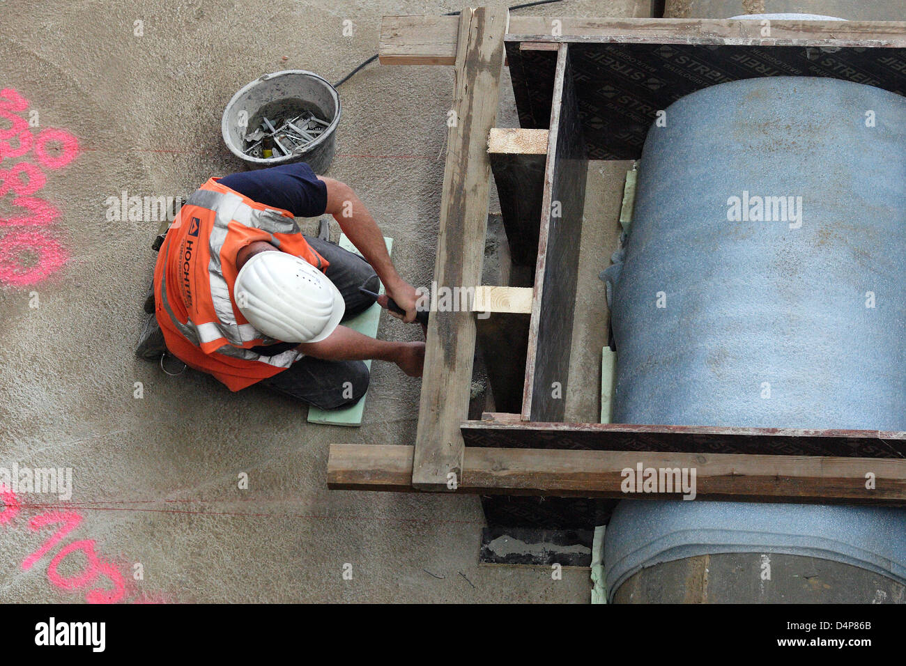 Berlin, Germany, construction workers building a wooden planking Stock ...