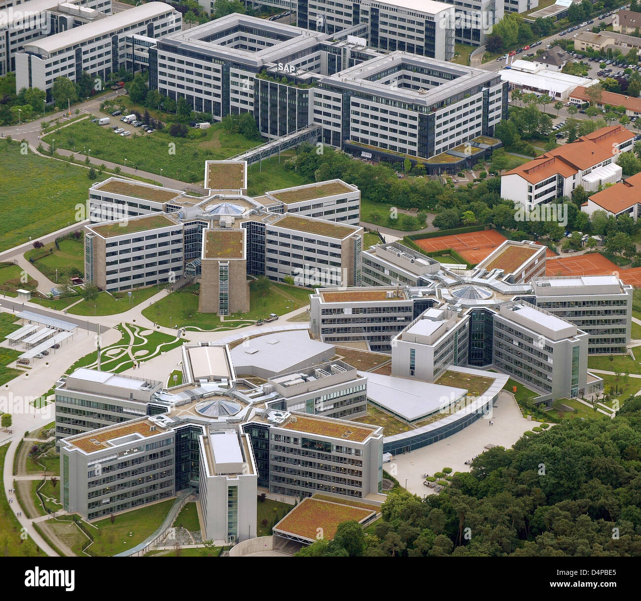 Aerial view over the premises of software giant SAP in Walldorf ...