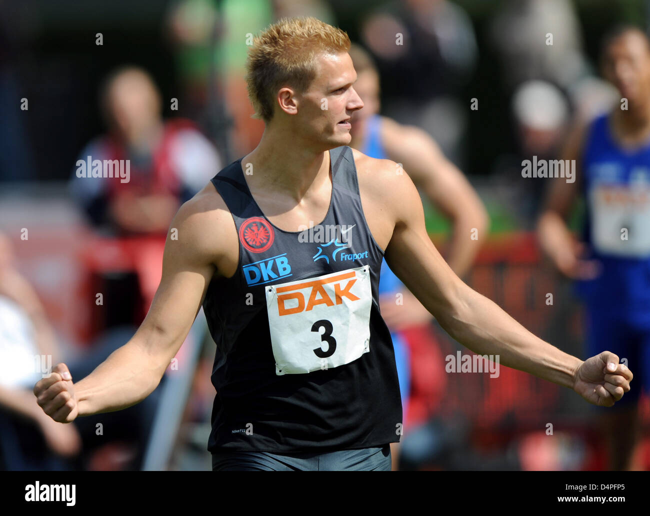 German decathlete Pascal Behrenbruch cheers after the 100m at the ...