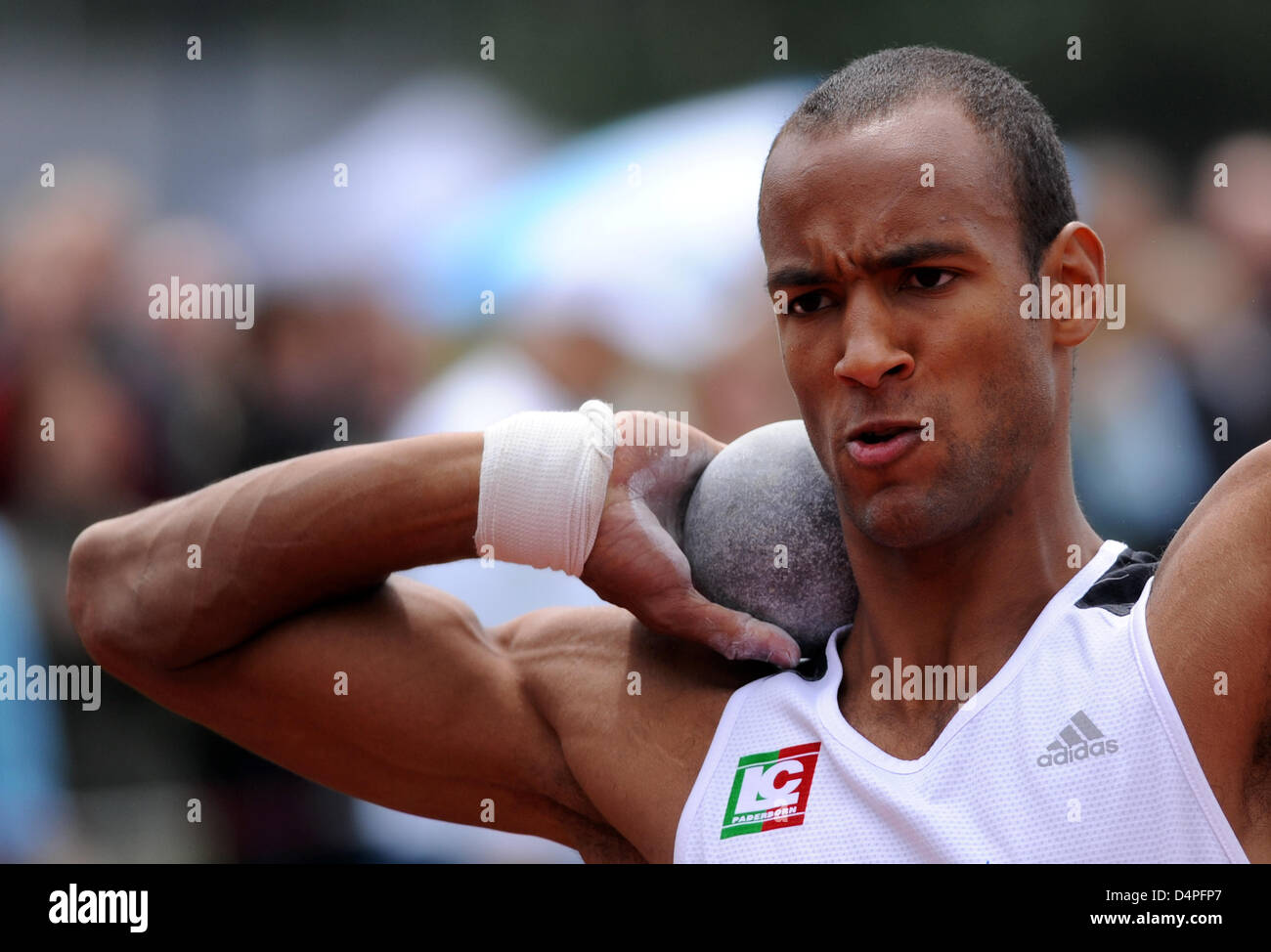 German decathlete Jacob Minah competes in the shot-put at the German ...