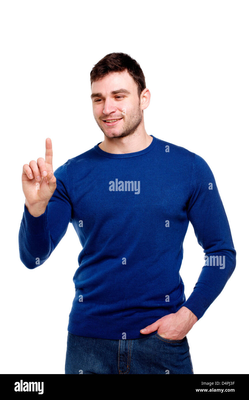 Handsome man dressed casually smiling at the camera isolated on a white ...