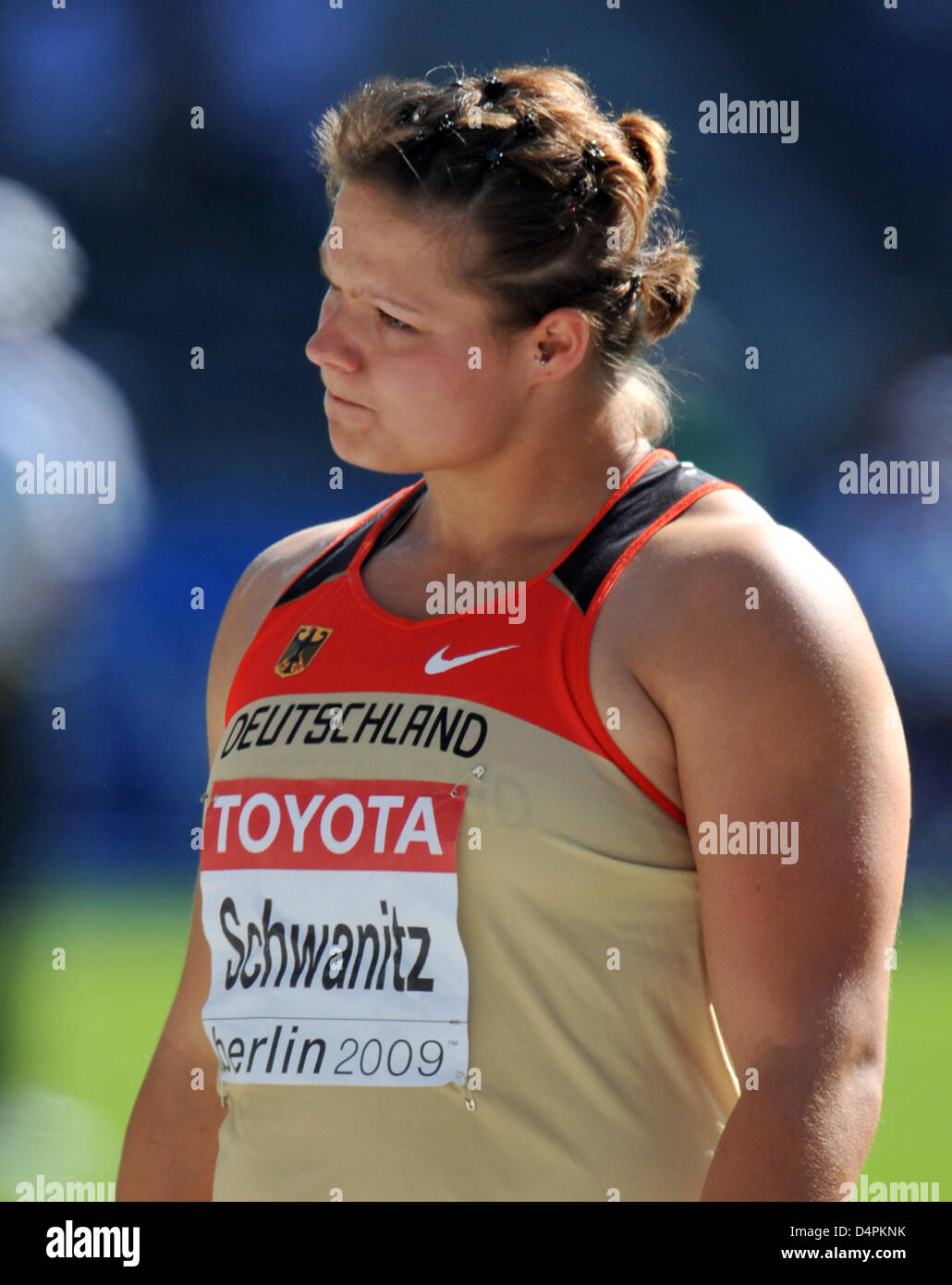 German Christina Schwanitz reacts during the women?s shot put ...