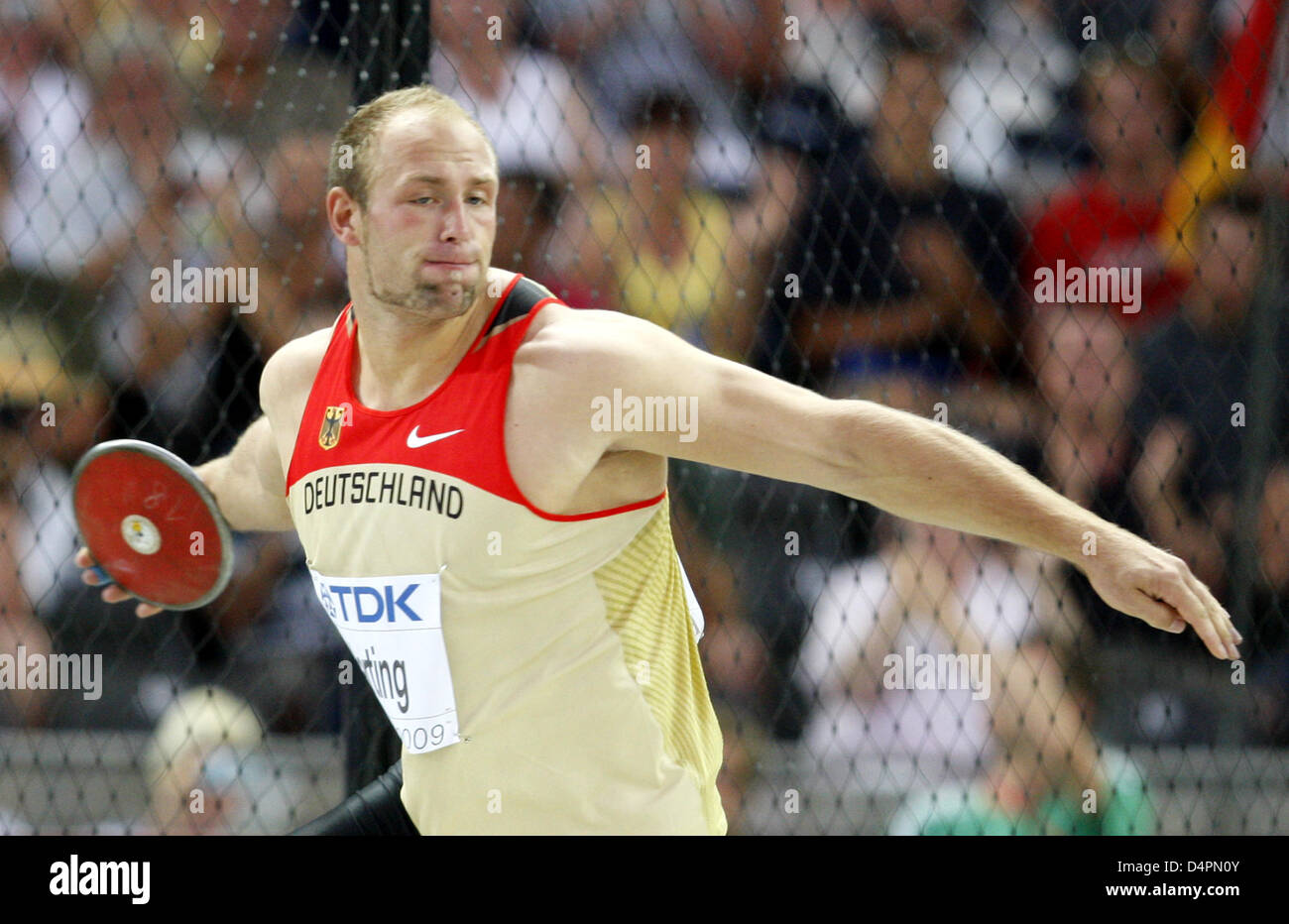 German Robert Harting shown in action during the men?s discus final at ...