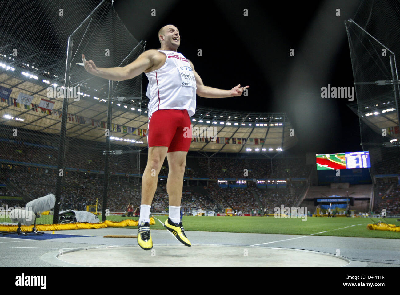 Polish Piotr Malachovski cheers during the men?s discus final at the ...