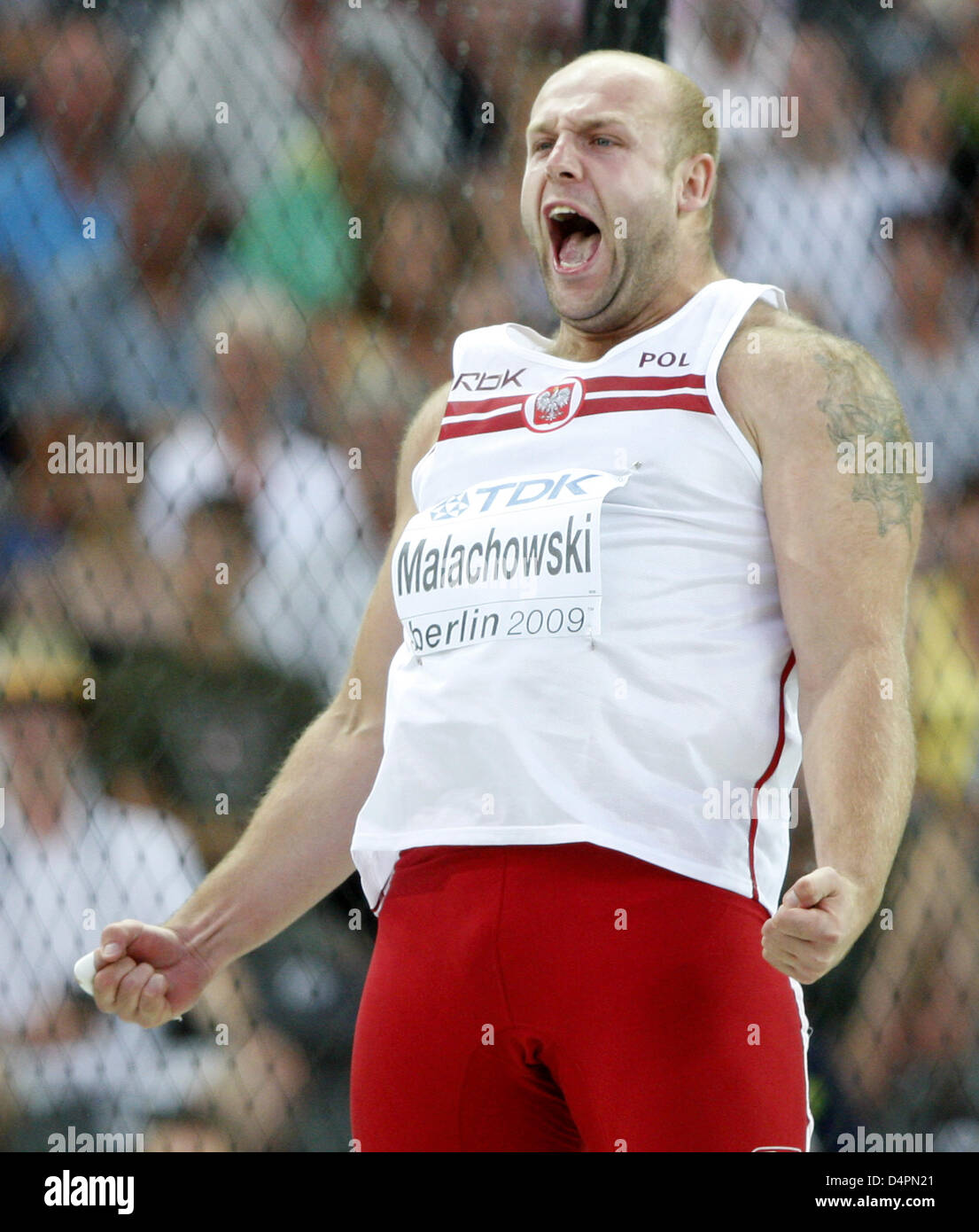 Polish Piotr Malachovski cheers during the men?s discus final at the ...