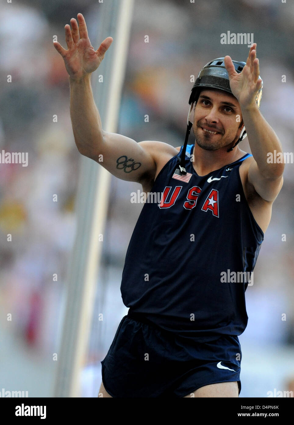 US Toby Stevenson reacts during the men?s pole vault qualification at ...