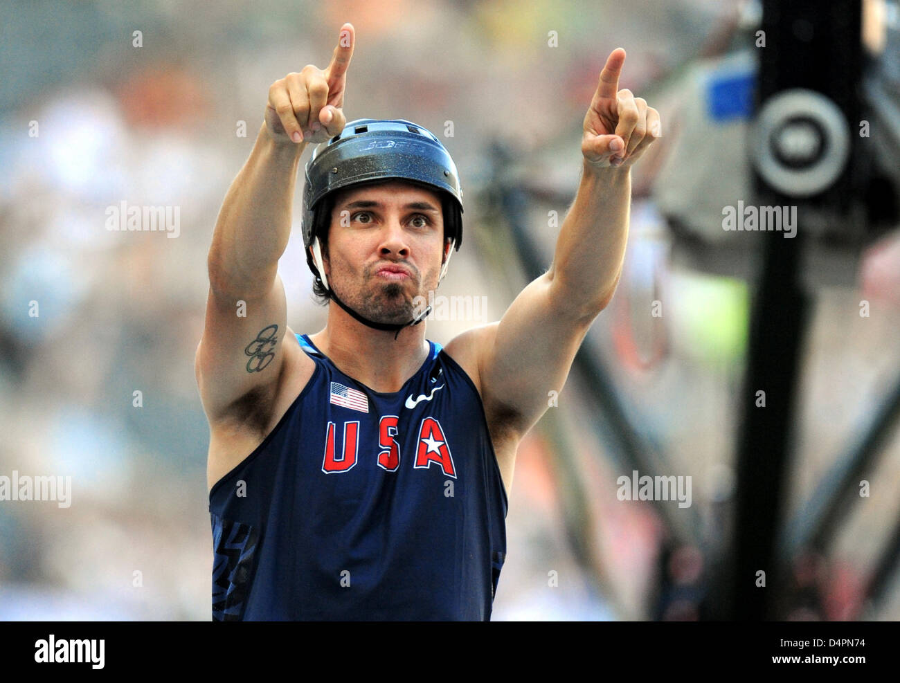 US Toby Stevenson cheers during the men?s pole vault qualification at ...