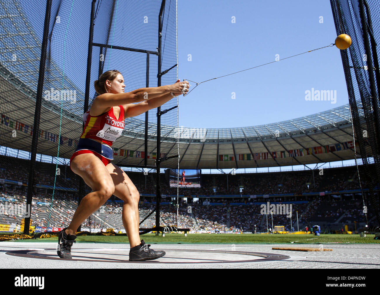Spanish athlete Berta Castells seen in action during the Hammer Throw ...