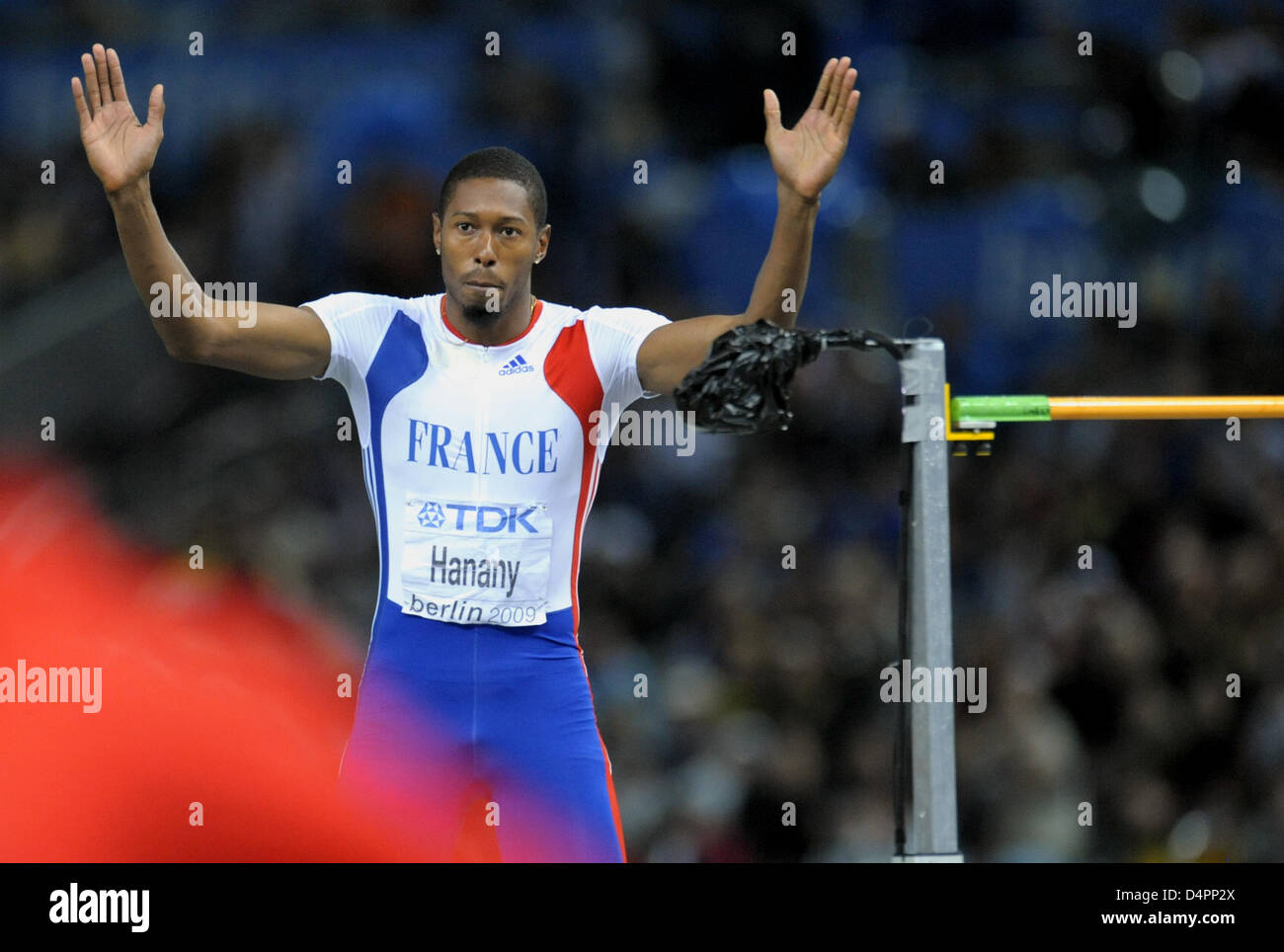 French Mickael Hanany cheers during the men?s high jump final at the ...