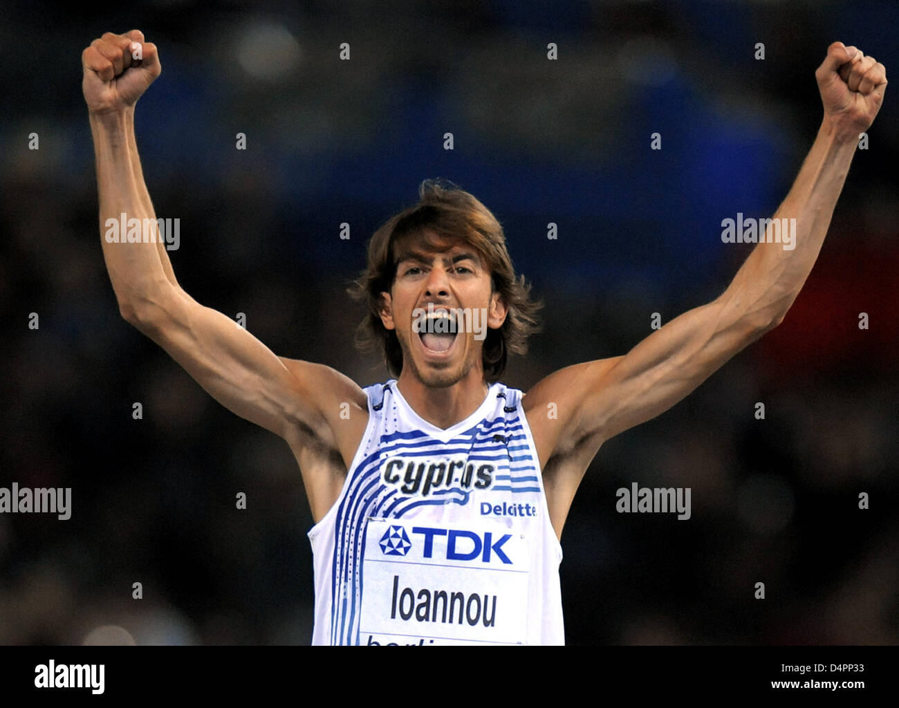 Cypriot Kyriakos Ioannou cheers during the men?s high jump final at the ...