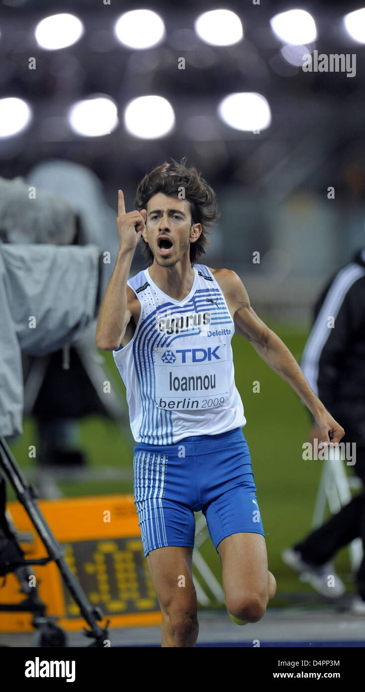 Cypriot Kyriakos Ioannou cheers during the men?s high jump final at the ...