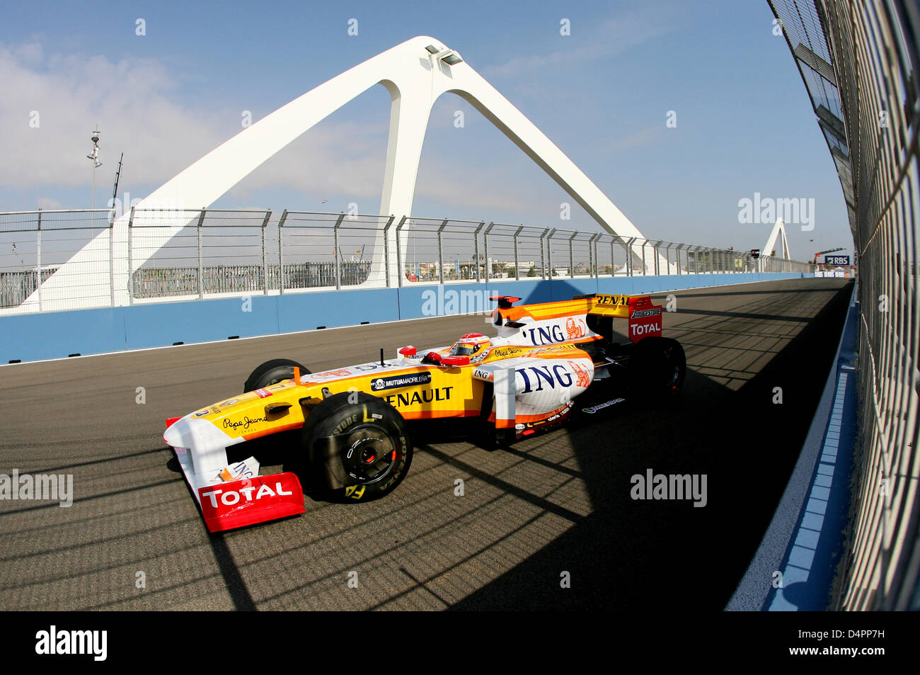 Spanish Formula One driver Fernando Alonso of Renault steers his car during the first practise ...