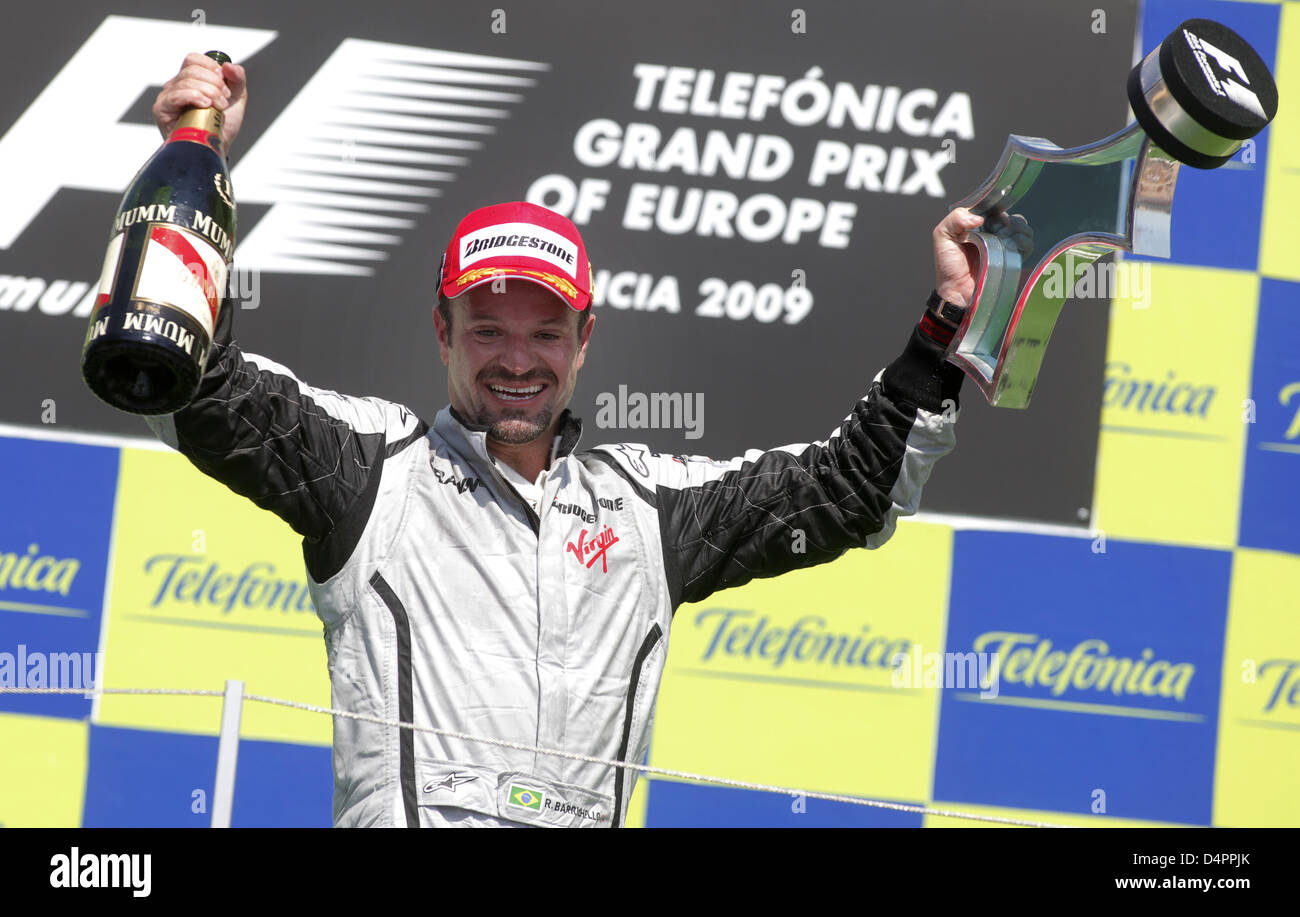 Brazilian Formula One driver Rubens Barrichello of Brawn GP celebrates ...