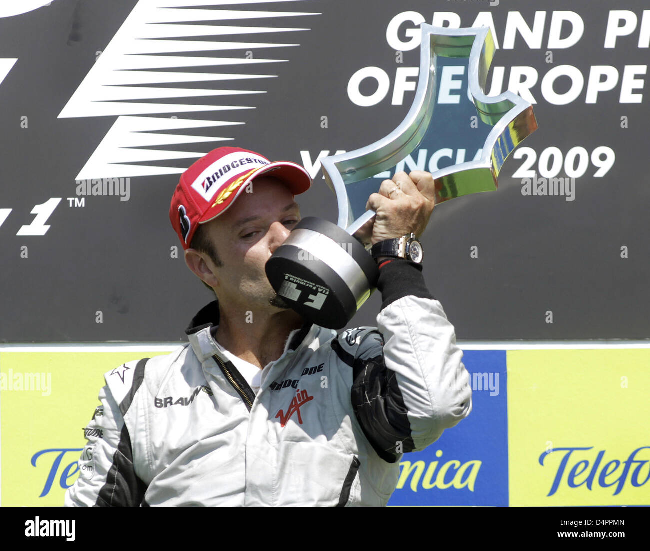Brazilian Formula One driver Rubens Barrichello of Brawn GP celebrates ...